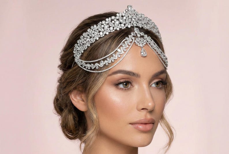 Crystal Bridal Tiara With Draped Chains, Silver Wedding Headpiece - Etsy