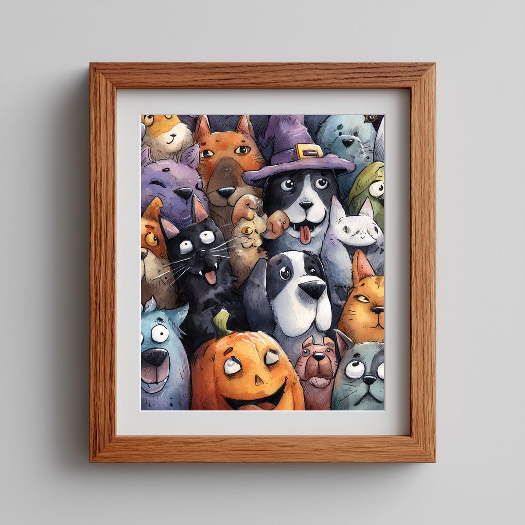 Spooky Halloween Collage - Cute Cartoon Cats, Dogs, and Ghosts in ...