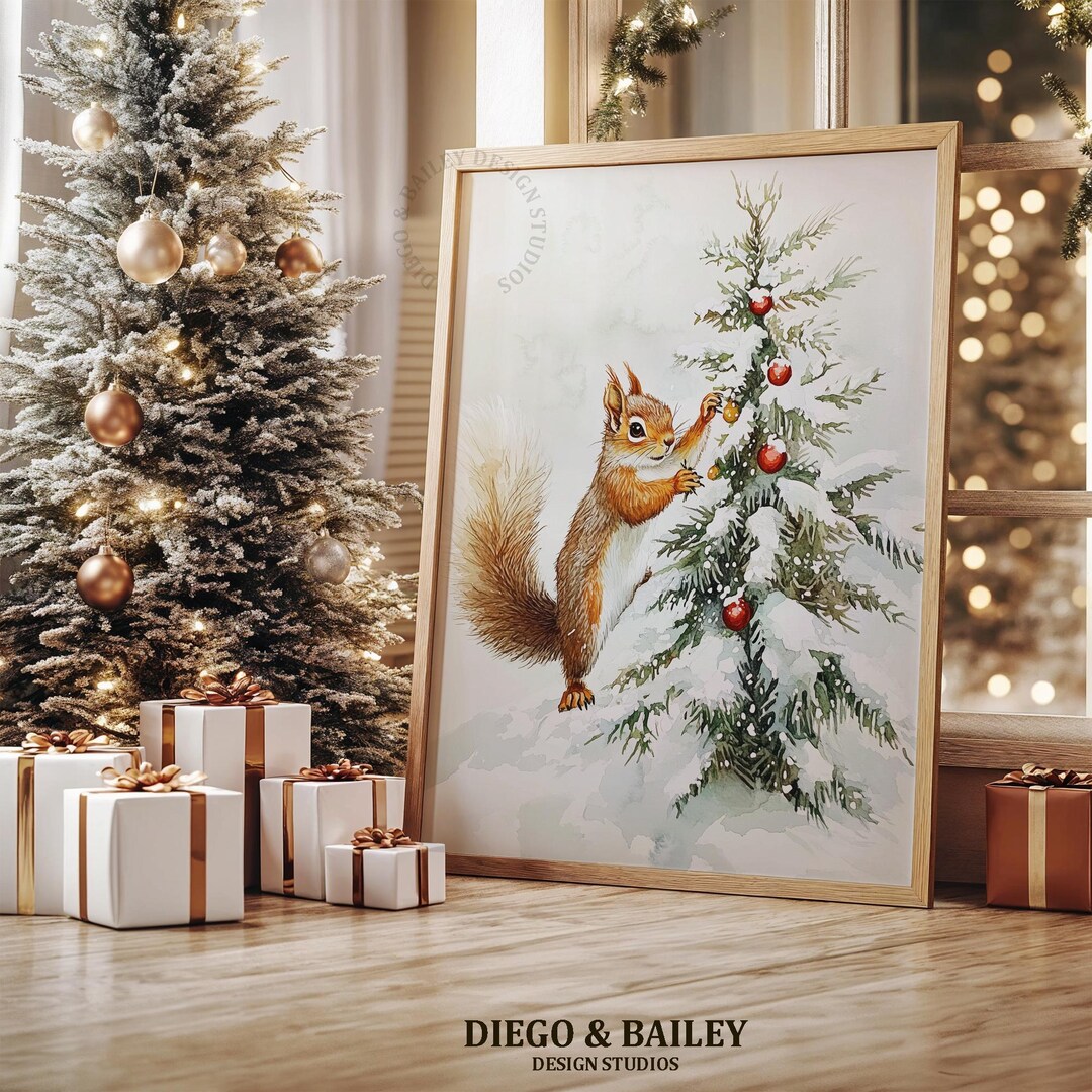 Watercolor Squirrel Christmas Tree Art Print – Holiday Decor (digital ...