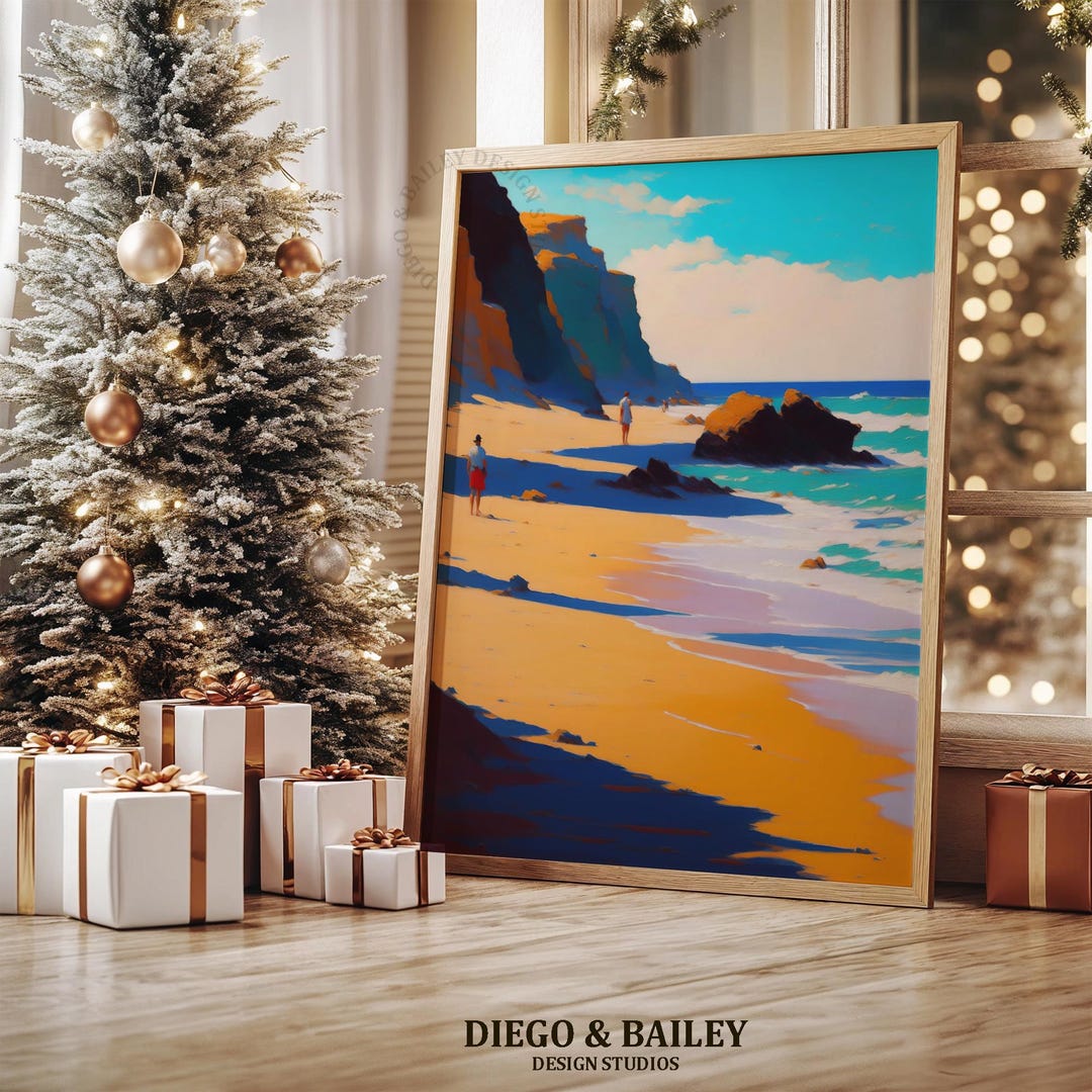 Modern Coastal Seascape Printable - Bold Turquoise Waves and Golden ...