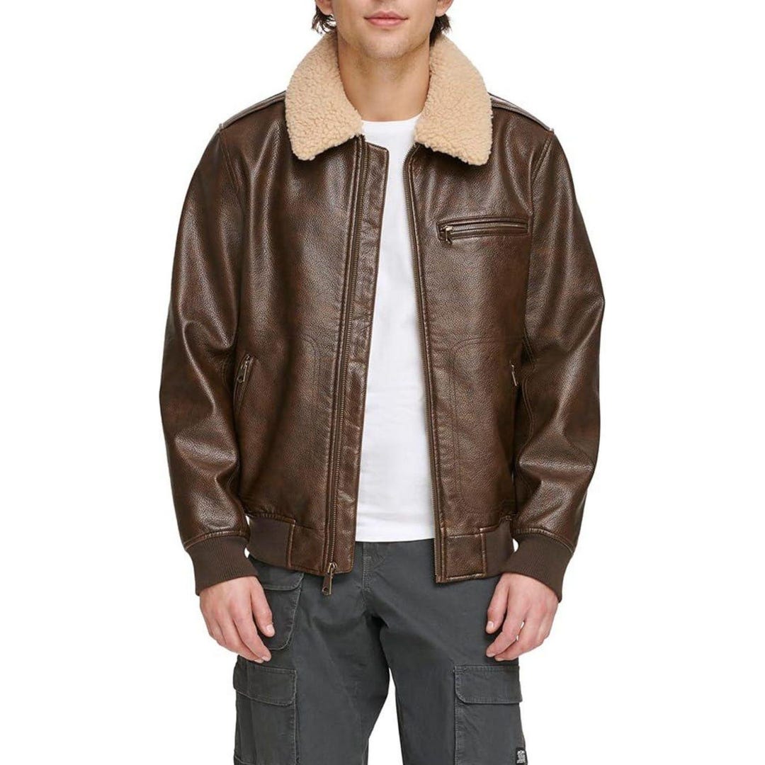 Men's Brown Aviator Bomber Jacket With Fur Collar Genuine Lambskin ...
