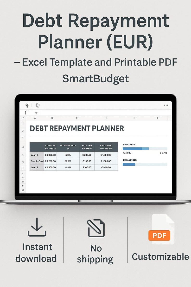 Debt Repayment Planner (EUR) – Excel Template and Printable PDF ...