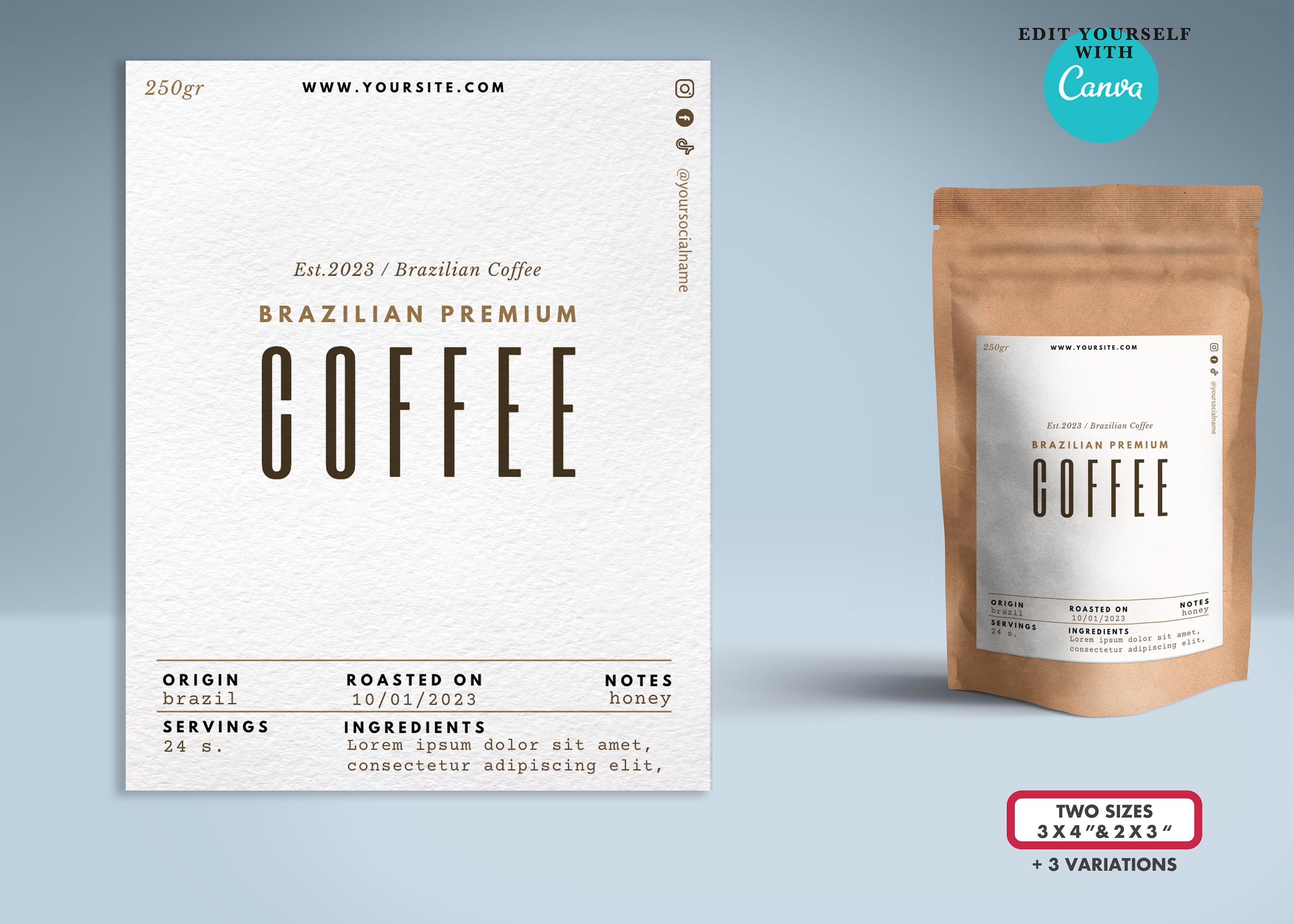 Custom Coffee Bag or Pouch Label Template Canva Editable.minimalist Coffee Tea Packaging Design ...