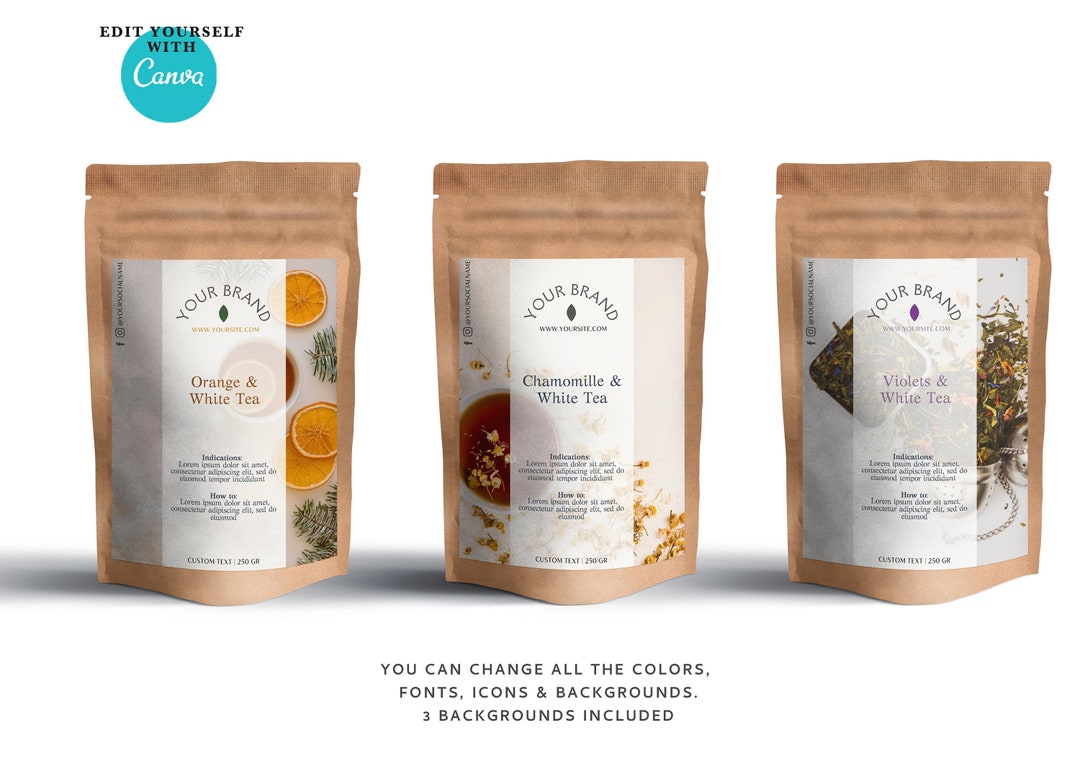 Custom Tea Packaging Label.editable Tea Labels for Kraft Bag or Pouch ...