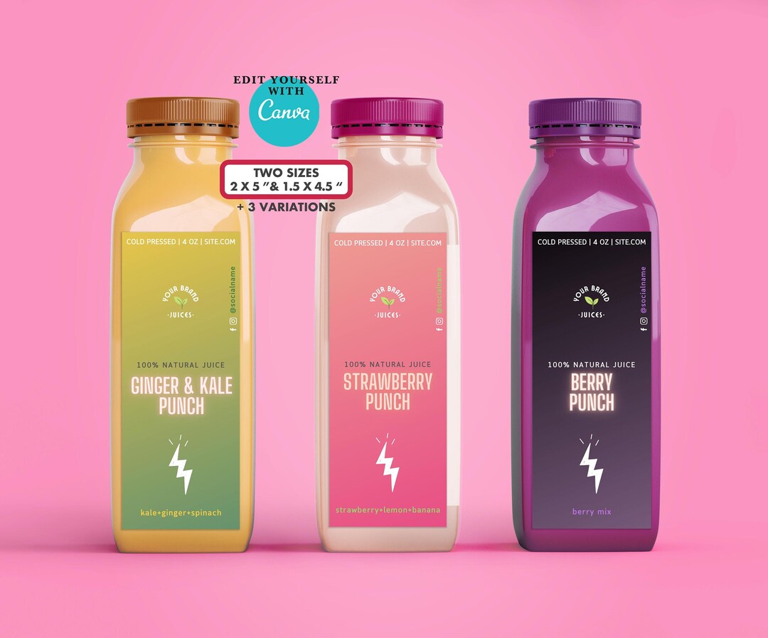 Editable Juice Label in Canva for Square or Round Juice Shot Bottle ...