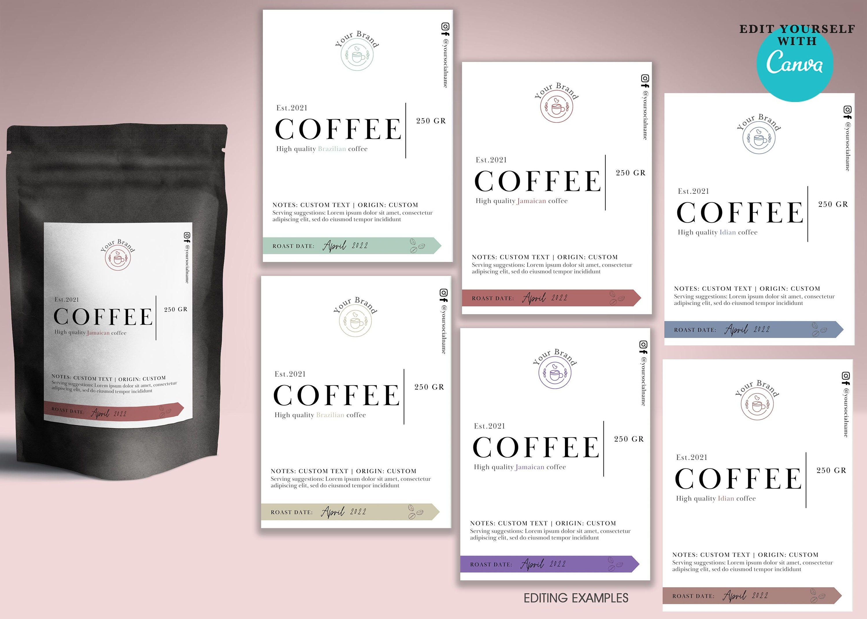 Coffee Bag Label Template for Canva, Custom Natural Coffee Pouch Label for Print, DIY Printable ...