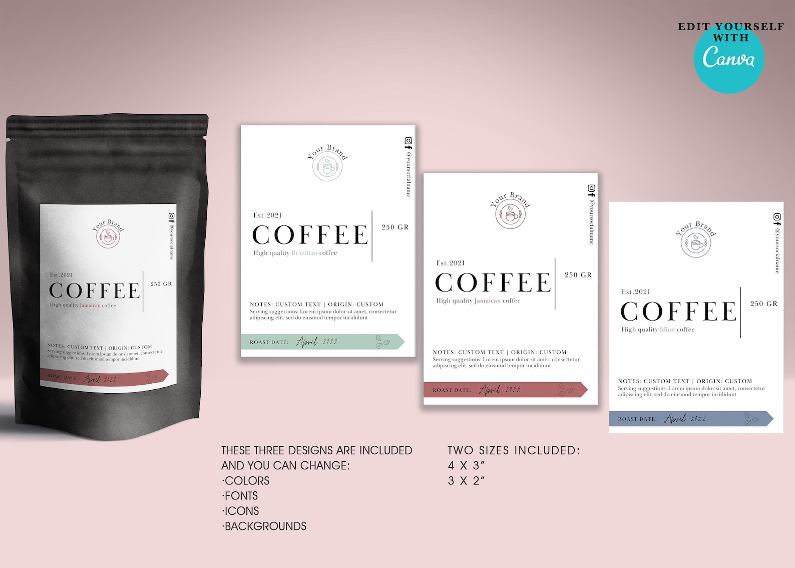 Coffee Bag Label Template for Canva, Custom Natural Coffee Pouch Label ...
