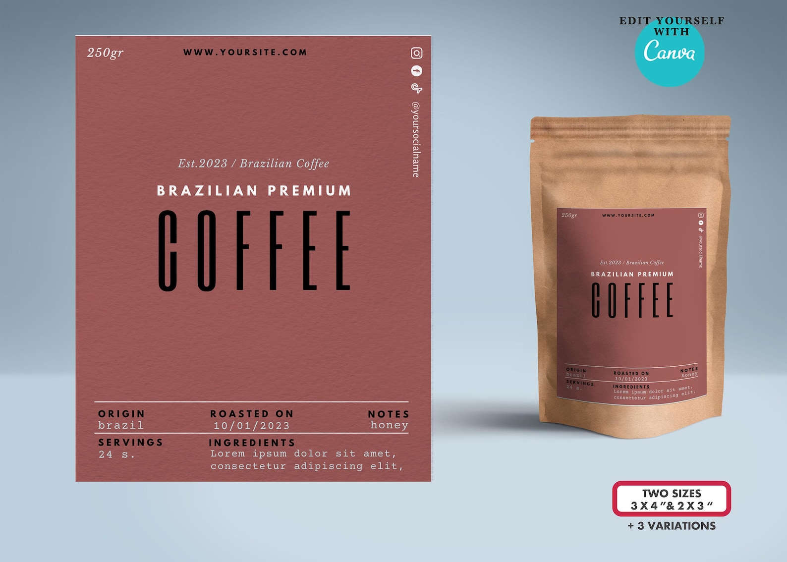 Custom Coffee Bag or Pouch Label Template Canva Editable.minimalist Coffee Tea Packaging Design ...
