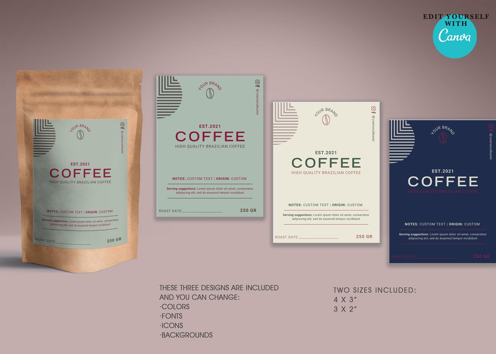 Editable Coffee Label Template for Canva,printable Coffee Bag Label ...