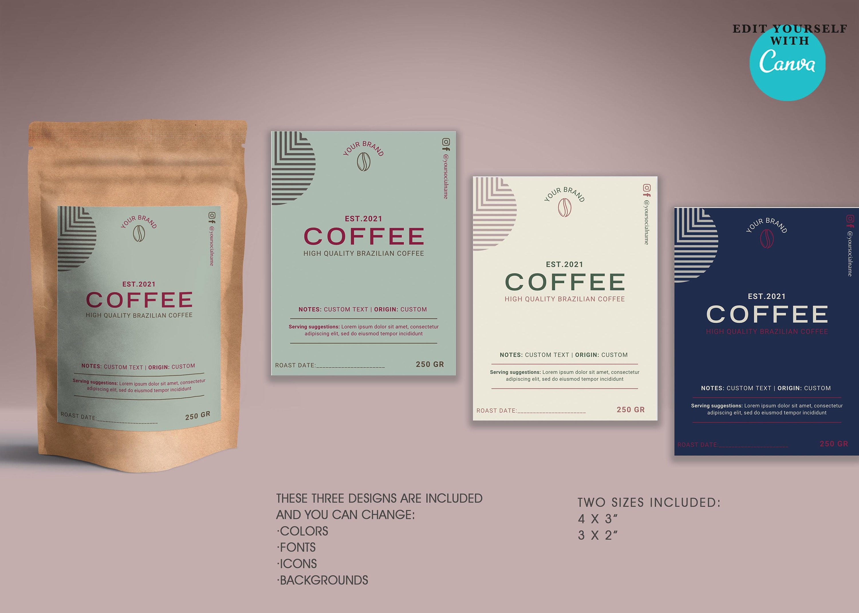 Editable Coffee Label Template for Canva,printable Coffee Bag Label ...