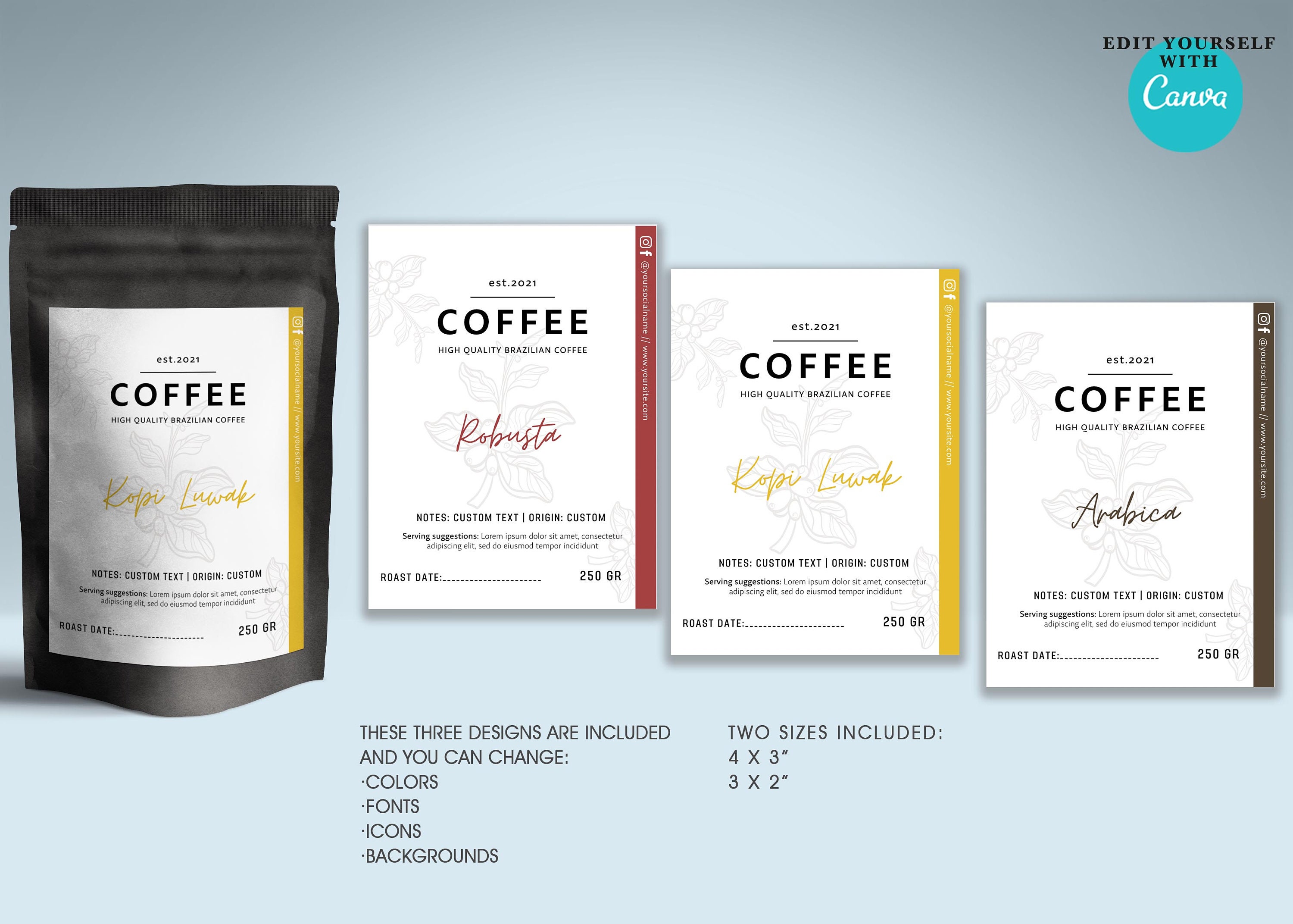 Coffee Label Template, Printable Tea or Coffee Bag Label Sticker, Edit ...