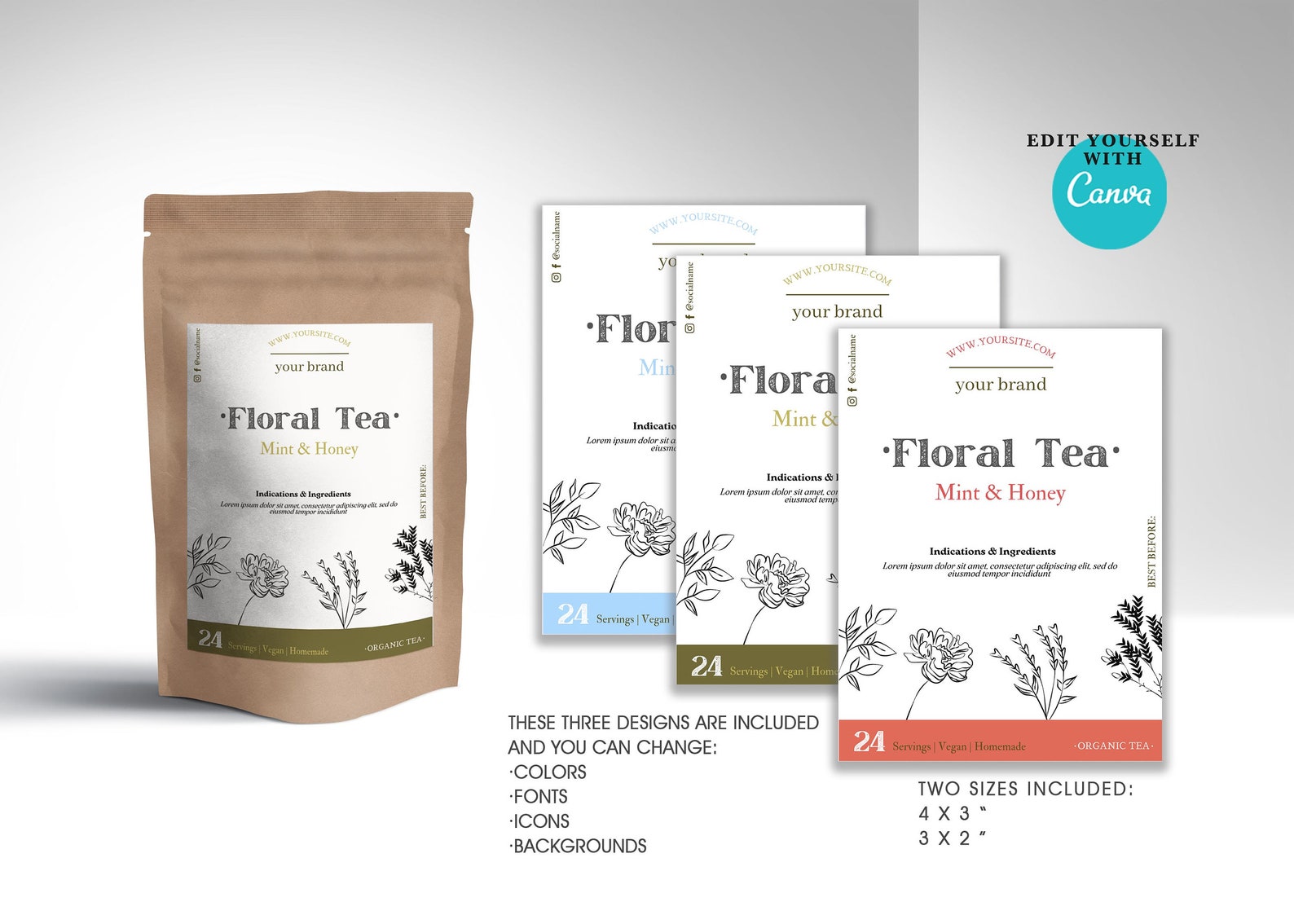 Custom Tea Packaging Label. Editable Natural Product Labels, Tea Bag & Tea Pouch Labels.canva ...