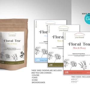 Custom Tea Packaging Label. Editable Natural Product Labels, Tea Bag ...