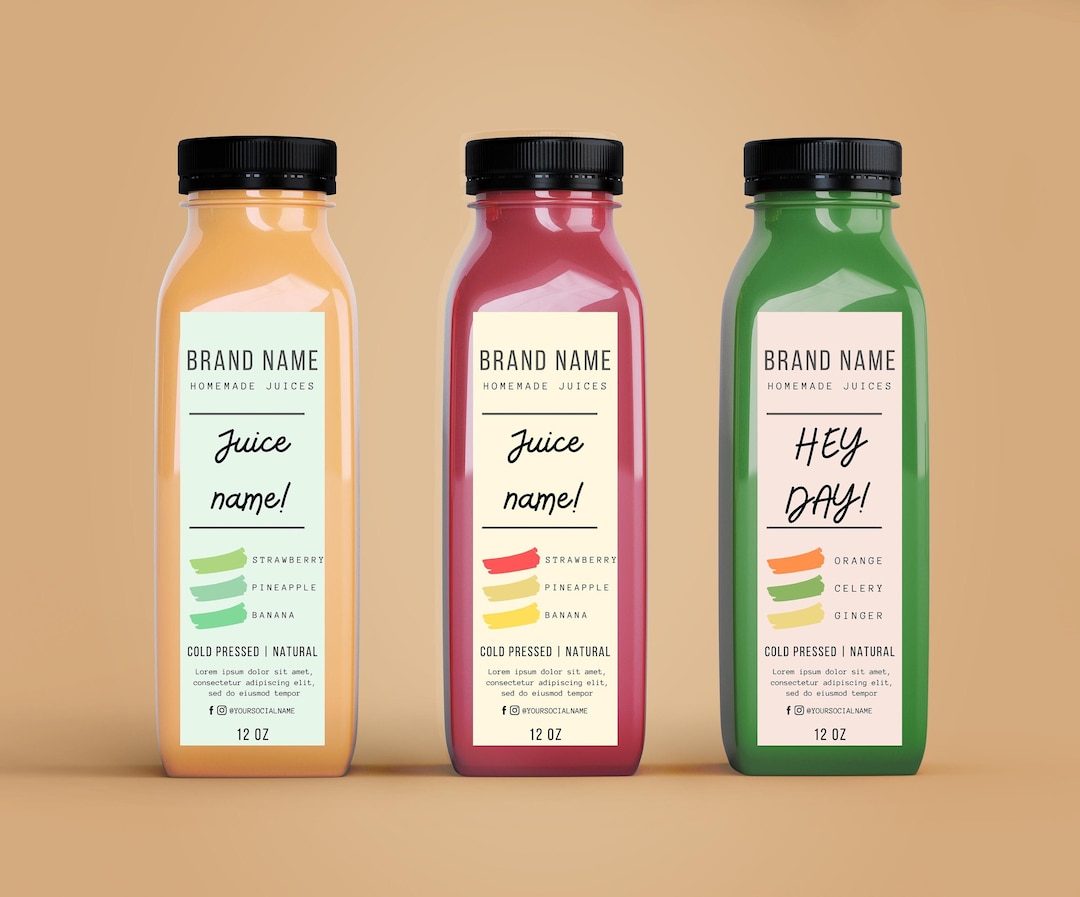 Juice Bottle Label Template, 12 and 16 Oz Juice Bottle Label Template ...