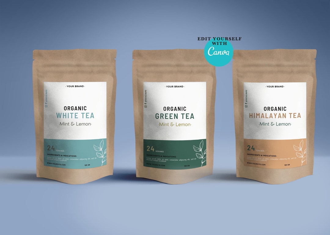 Custom Tea Packaging Label. Editable Herbal Tea Labels for Tea Bag or ...