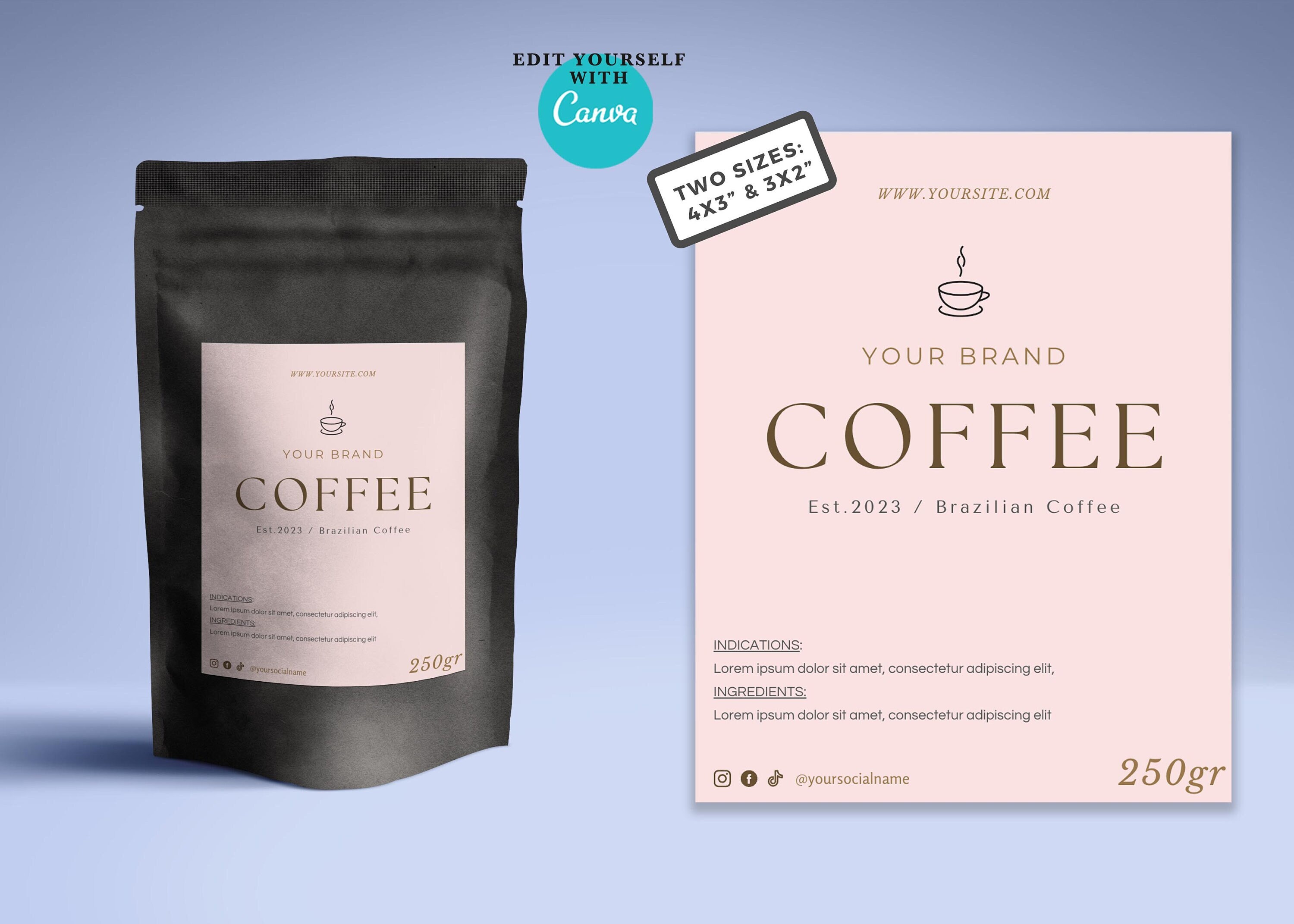 Editable Pink Coffee or Tea Pouch Bag Label Canva Template.custom ...