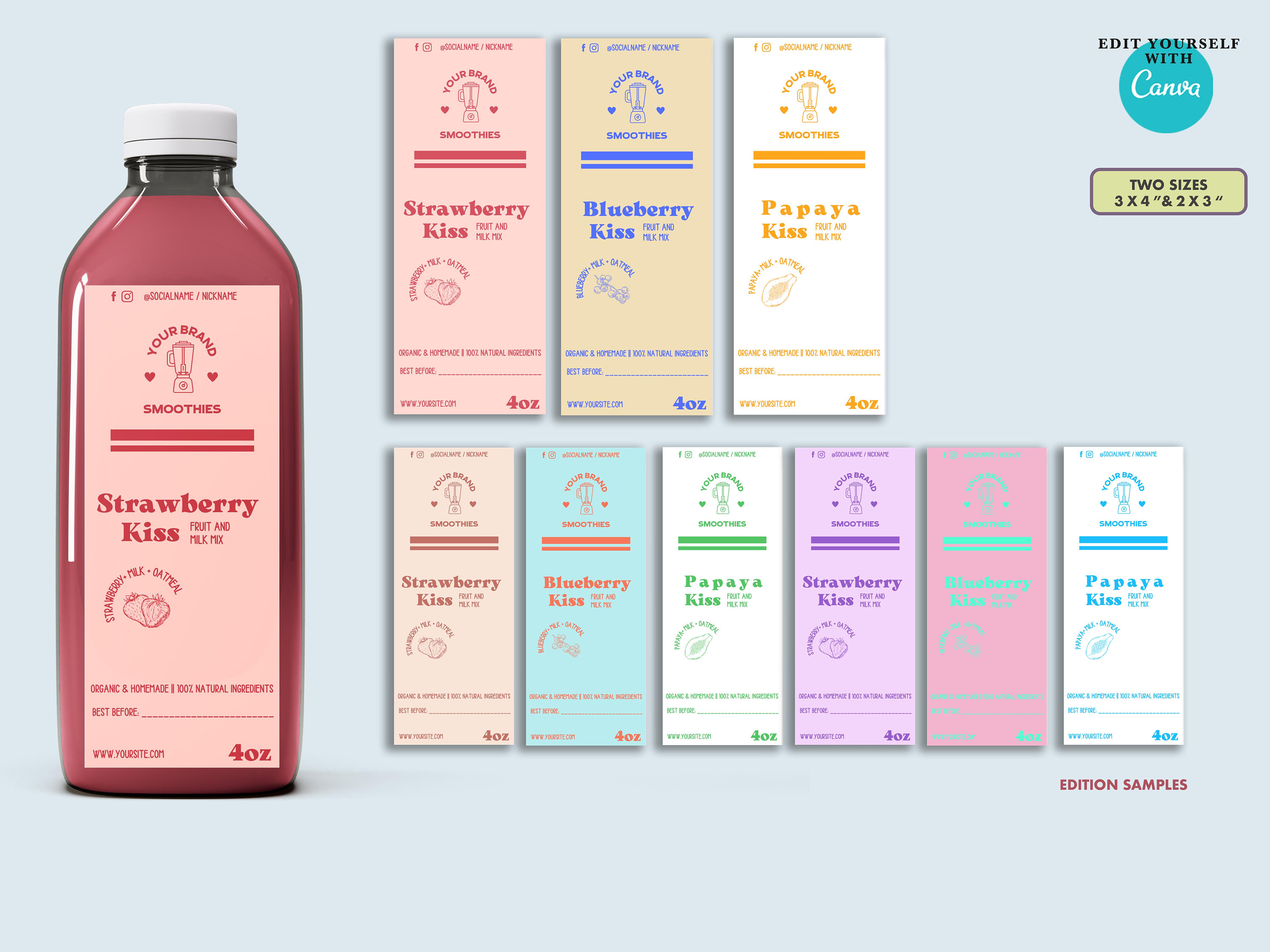 Custom Smoothies and Juice Packaging Labels Template for Canva.juicery ...
