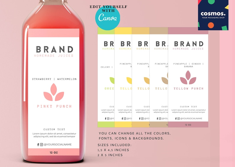 Printable Juice Label for 12 and 16 Oz Bottle.editable Canva Template ...