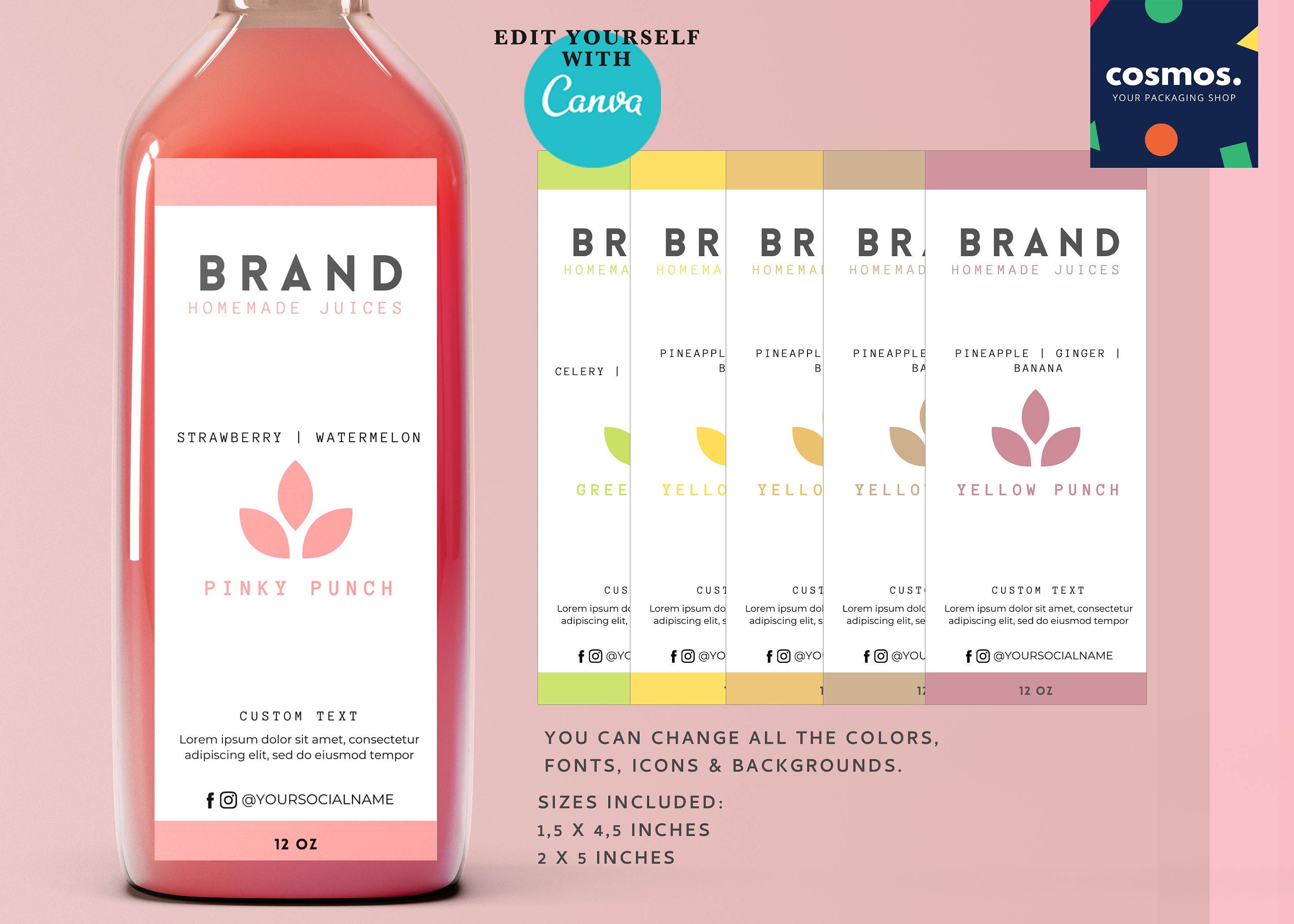 Printable Juice Label for 12 and 16 Oz Bottle.editable Canva Template ...
