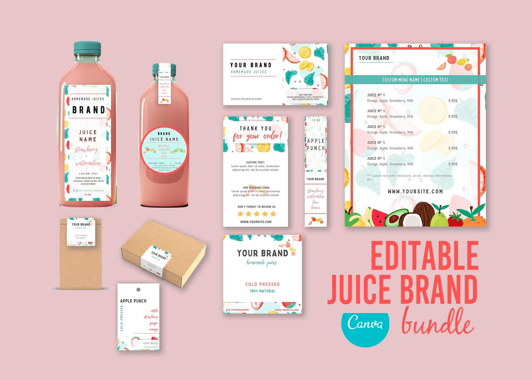 Editable Juice & Smoothie Branding Kit Bundle.juice Bottle Label ...