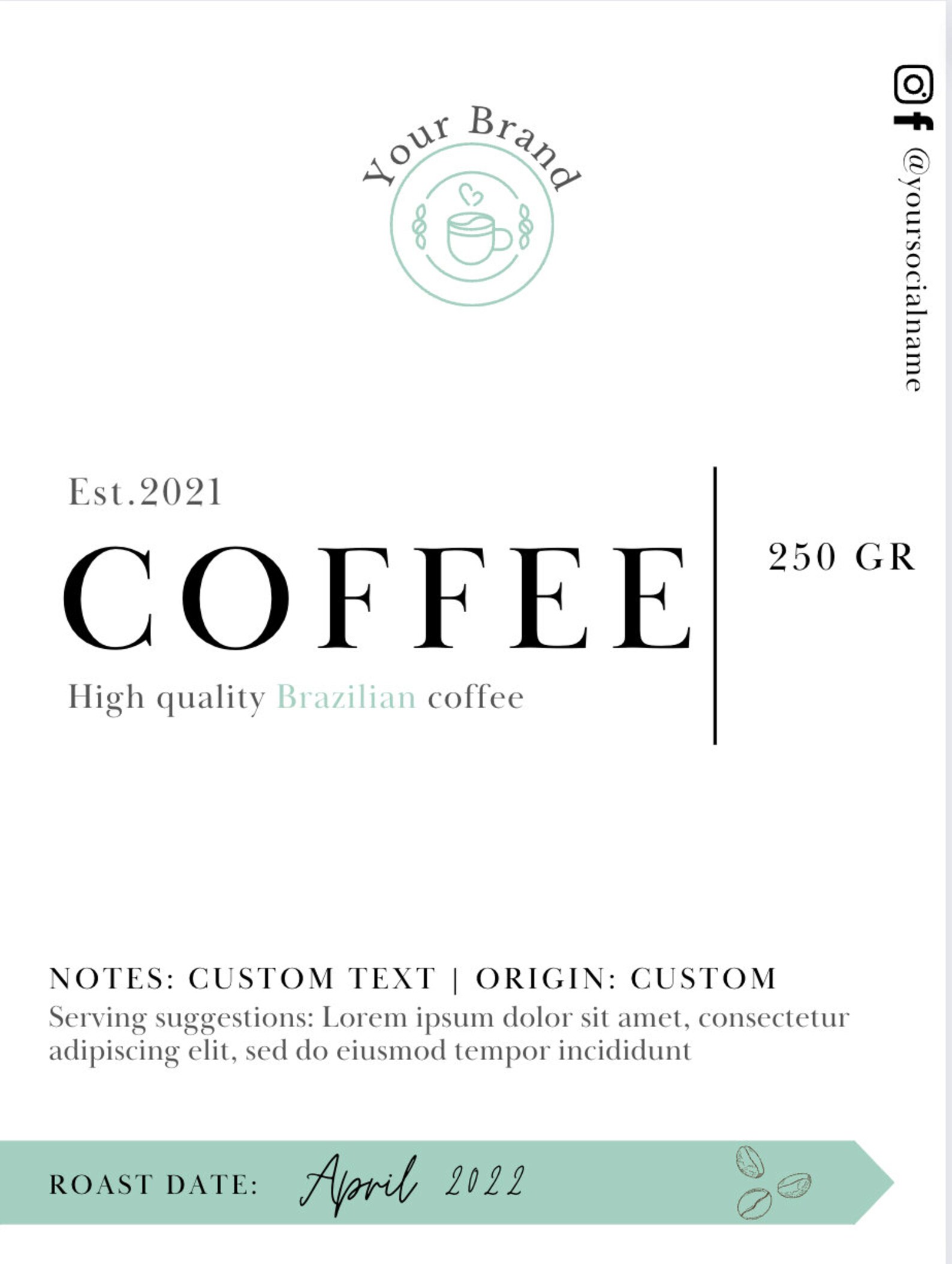 Coffee Bag Label Template for Canva, Custom Natural Coffee Pouch Label ...
