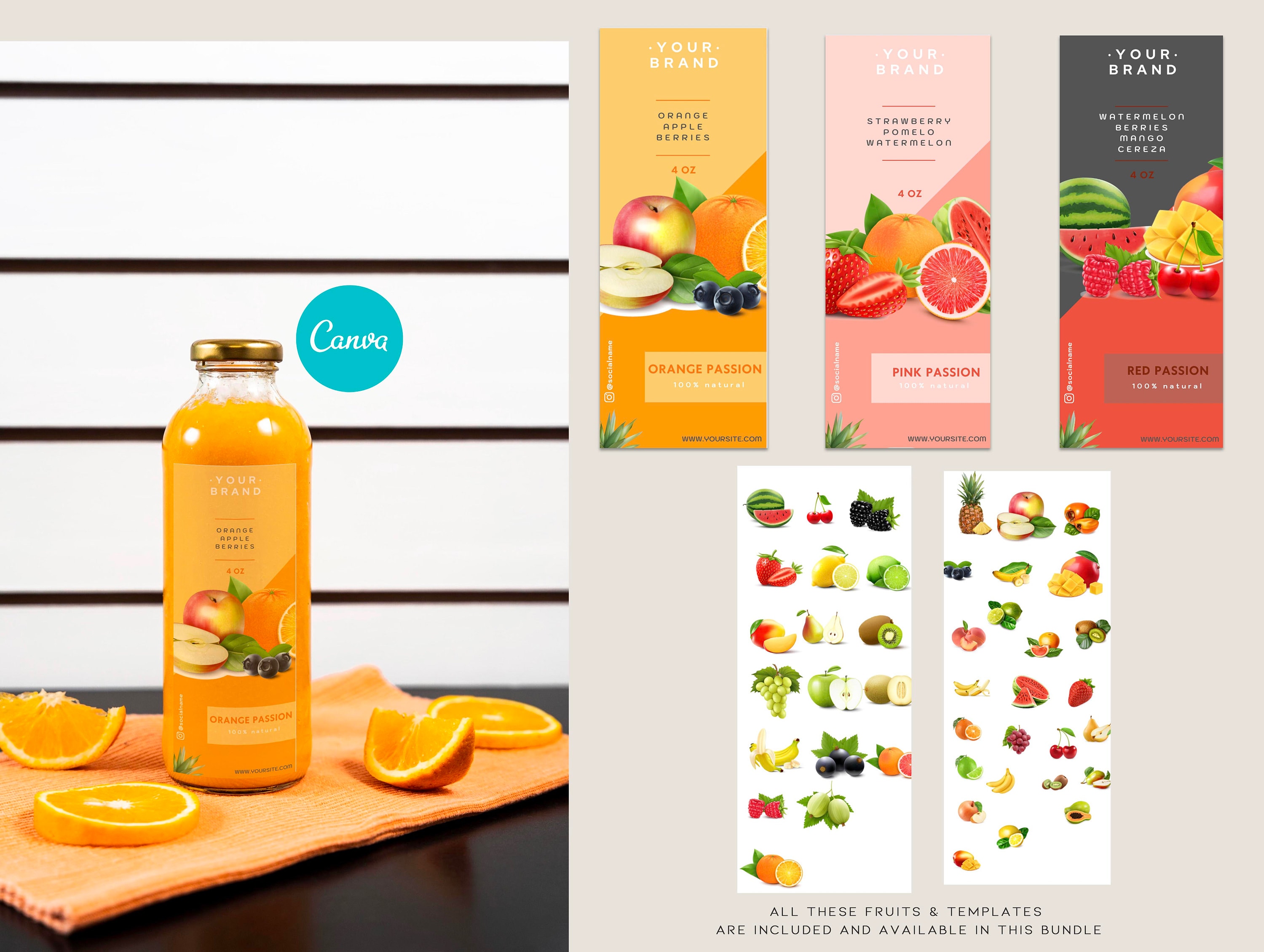 Printable Fruity Fresh Juice Canva Label Template,editable Custom Juice ...