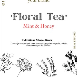 Custom Tea Packaging Label. Editable Natural Product Labels, Tea Bag ...