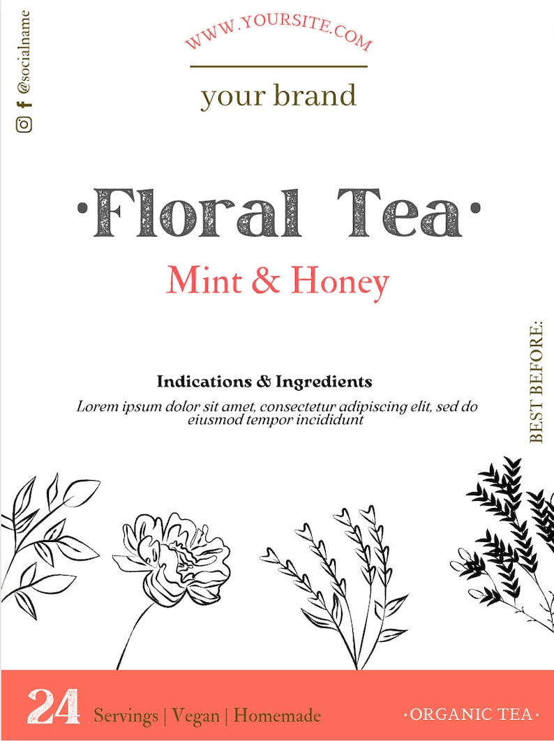 Custom Tea Packaging Label. Editable Natural Product Labels, Tea Bag ...