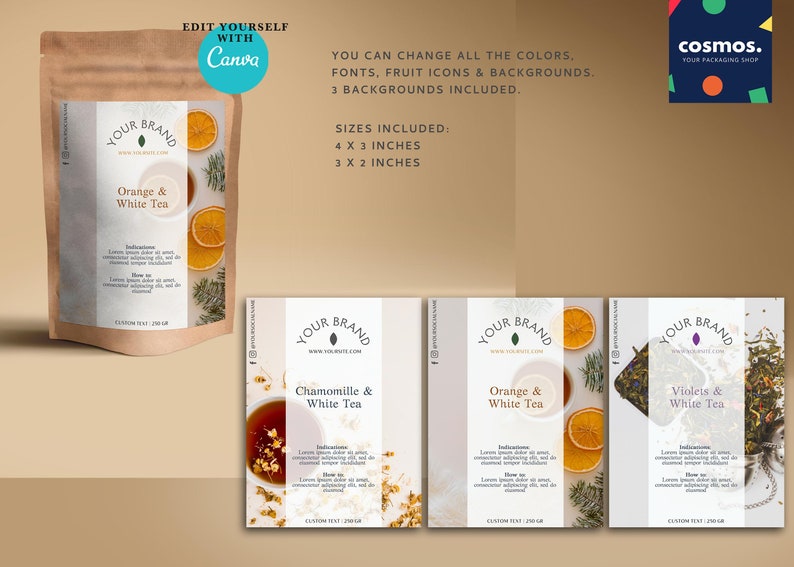 Custom Tea Packaging Label.editable Tea Labels for Kraft Bag or Pouch ...