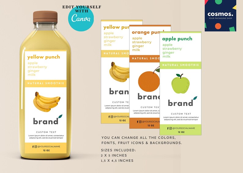 Custom Juice Label Template for 2oz, 4oz Bottles.editable Smoothie ...