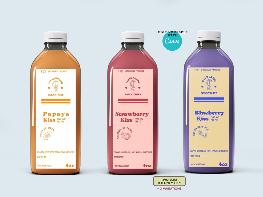Custom Smoothies and Juice Packaging Labels Template for Canva.juicery ...