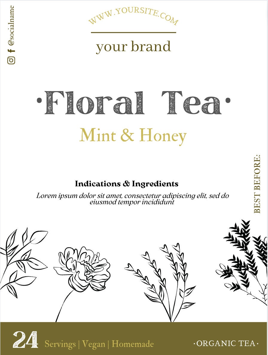 Custom Tea Packaging Label. Editable Natural Product Labels, Tea Bag ...