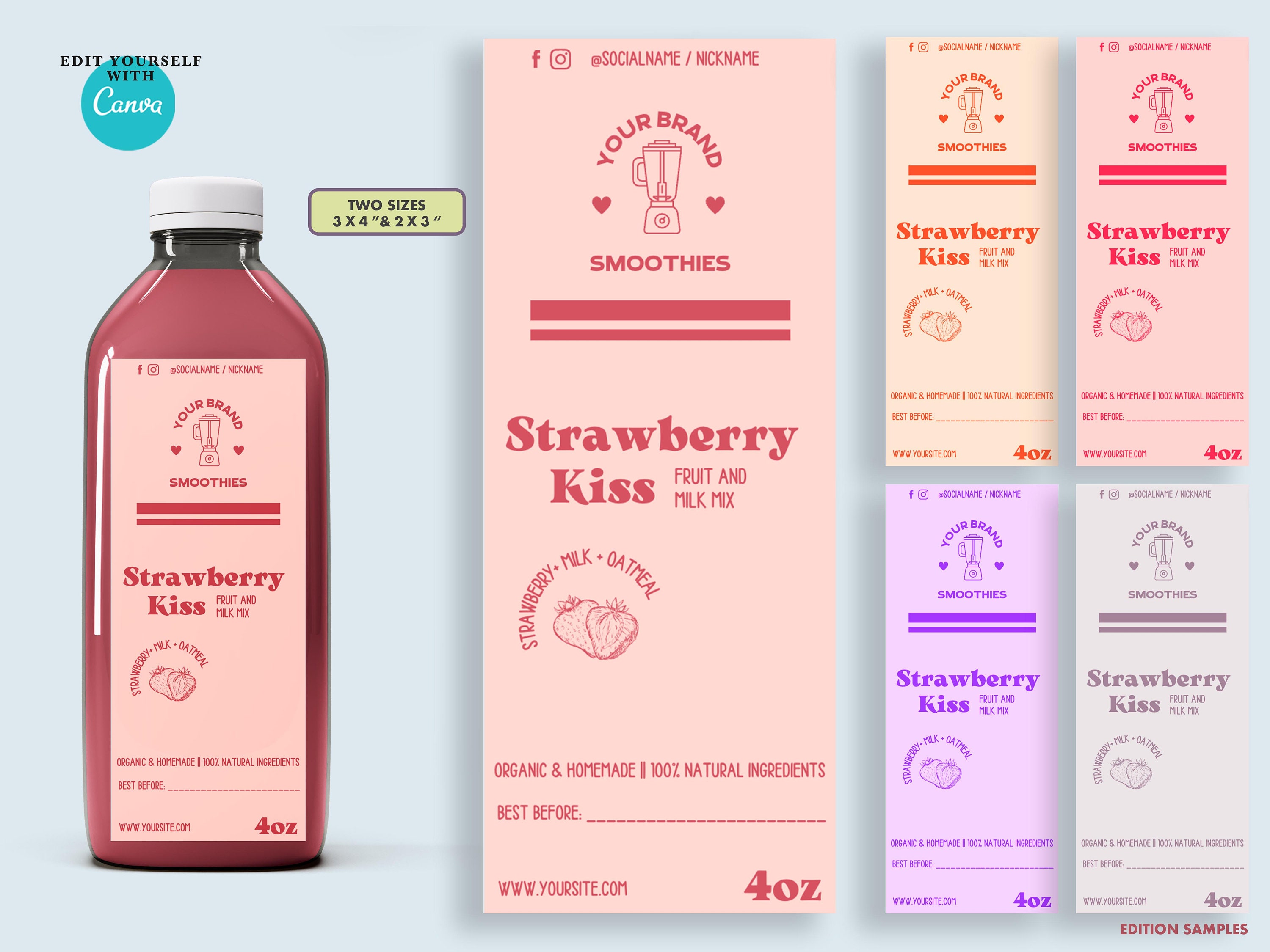 Custom Smoothies and Juice Packaging Labels Template for Canva.juicery ...