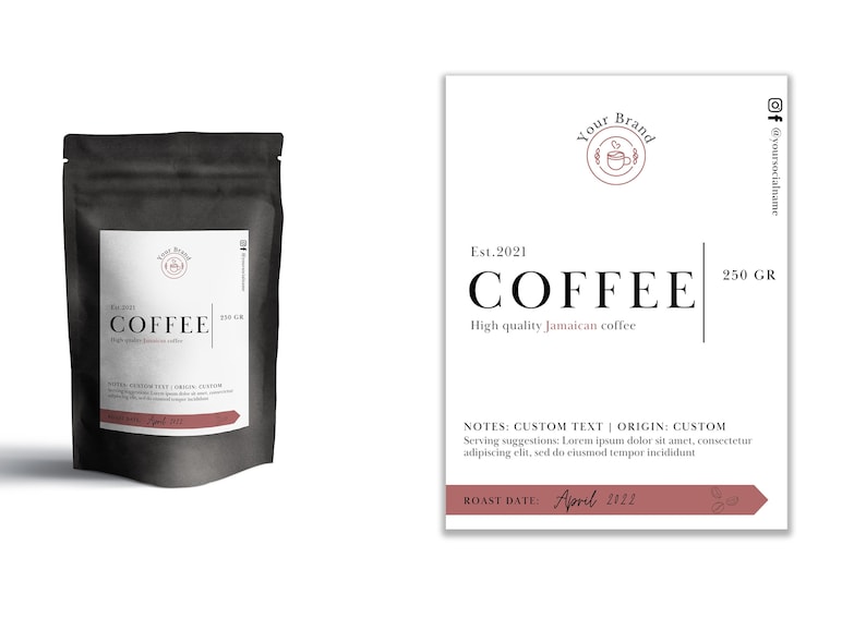 Coffee Bag Label Template for Canva, Custom Natural Coffee Pouch Label ...