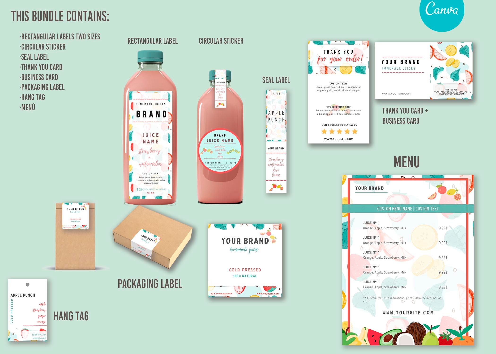 Editable Juice & Smoothie Branding Kit Bundle.juice Bottle Label ...