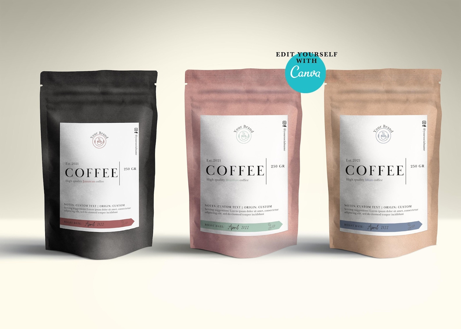 Coffee Bag Label Template for Canva, Custom Natural Coffee Pouch Label ...