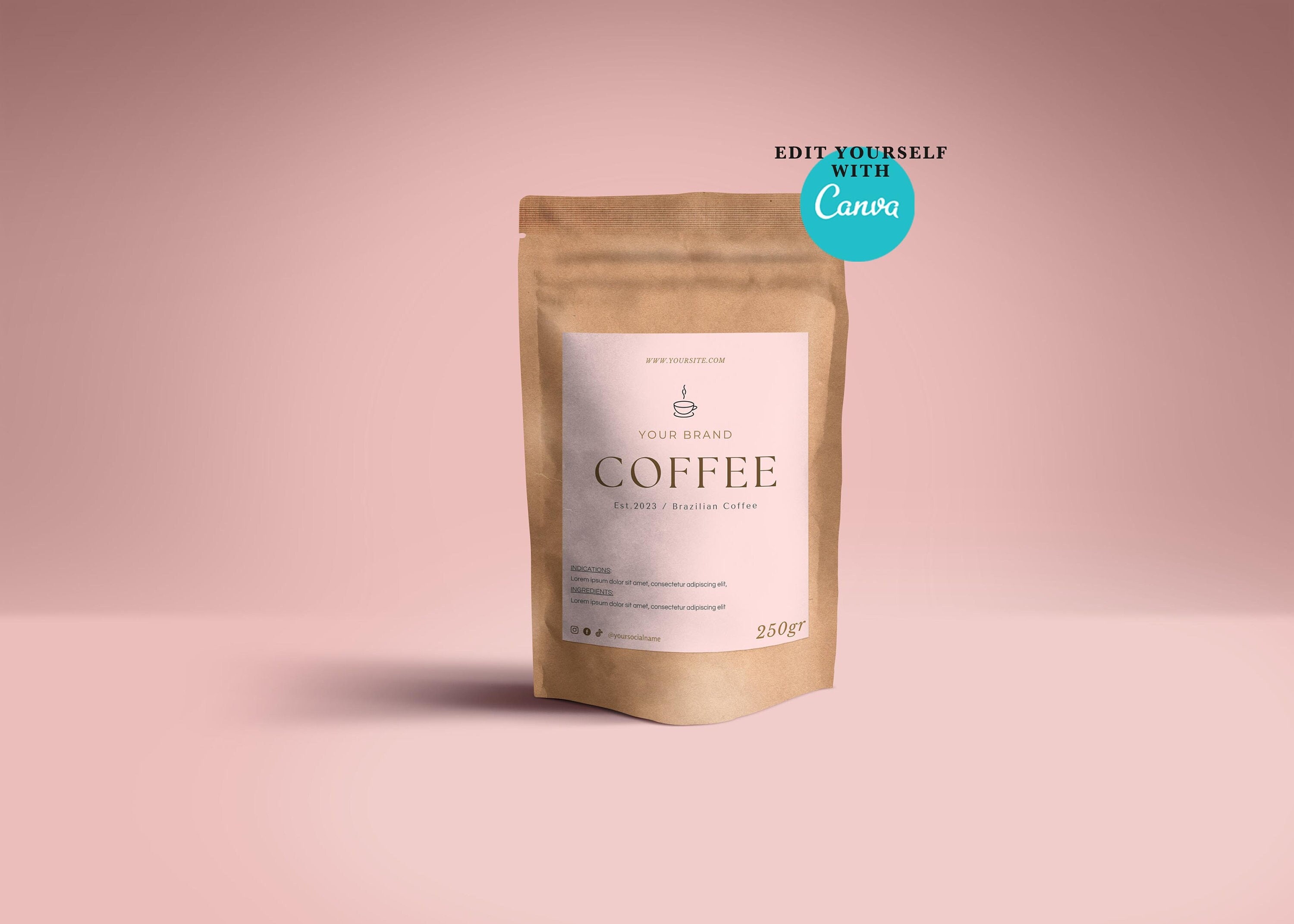 Editable Pink Coffee or Tea Pouch Bag Label Canva Template.custom ...
