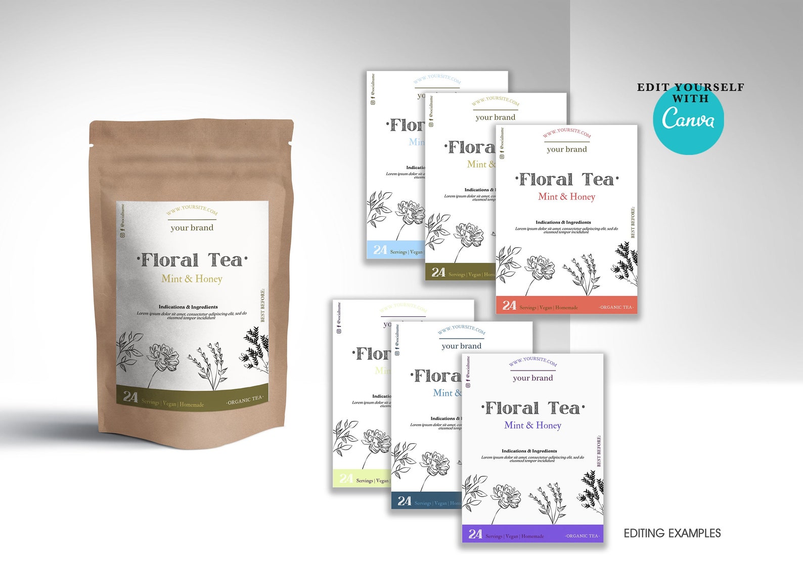 Custom Tea Packaging Label. Editable Natural Product Labels, Tea Bag ...