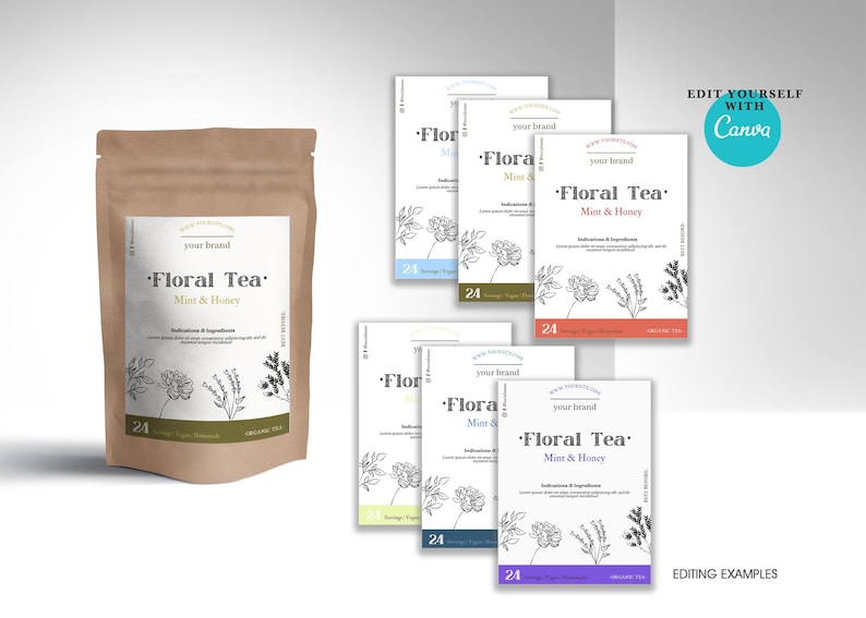 Custom Tea Packaging Label. Editable Natural Product Labels, Tea Bag ...