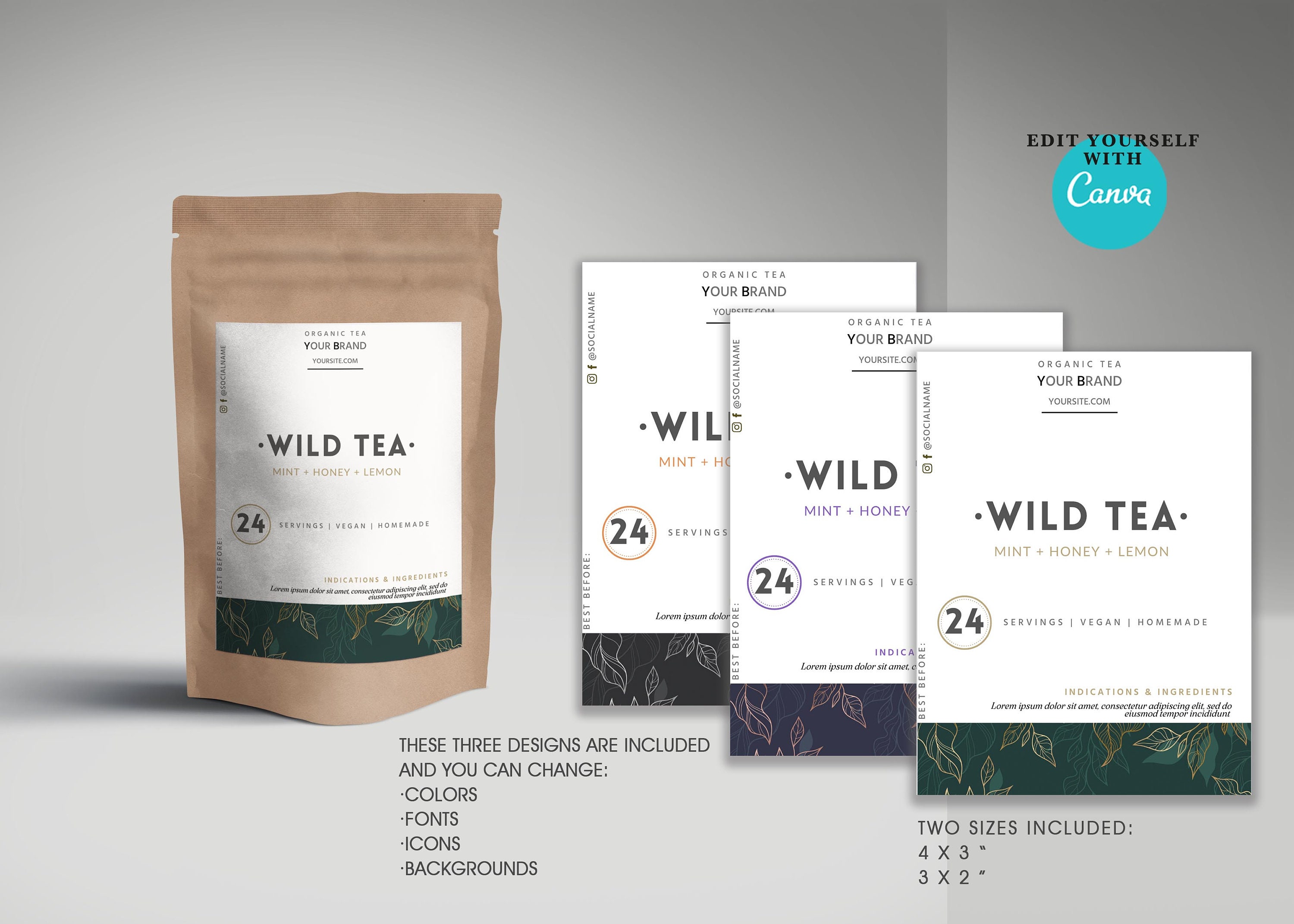 Printable Tea & Herbals Packaging Label Template for Canva.custom Tea ...