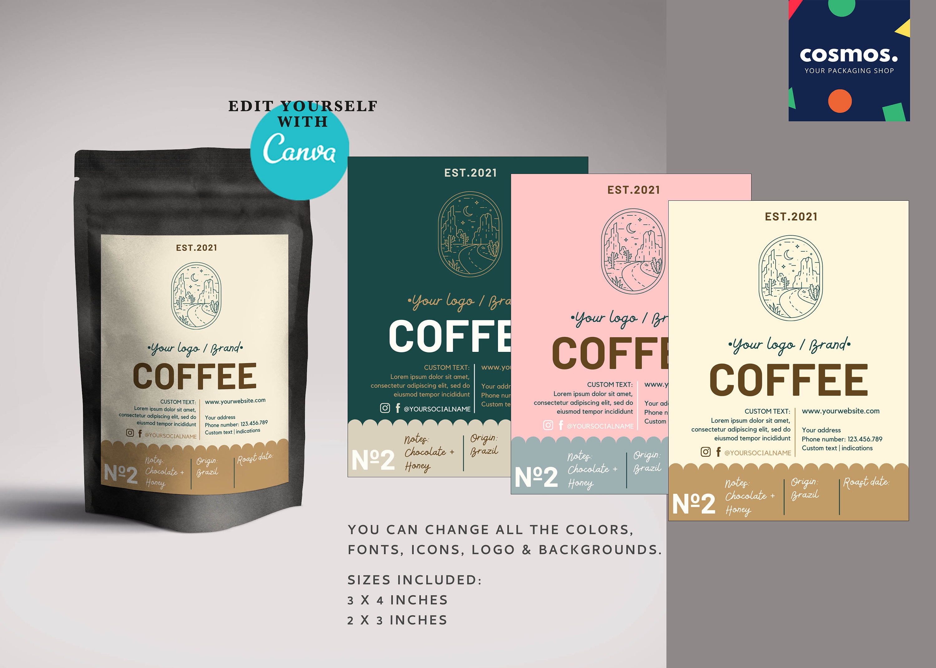 Printable Coffee Bag Label Template, Editable Coffee Packaging Canva ...