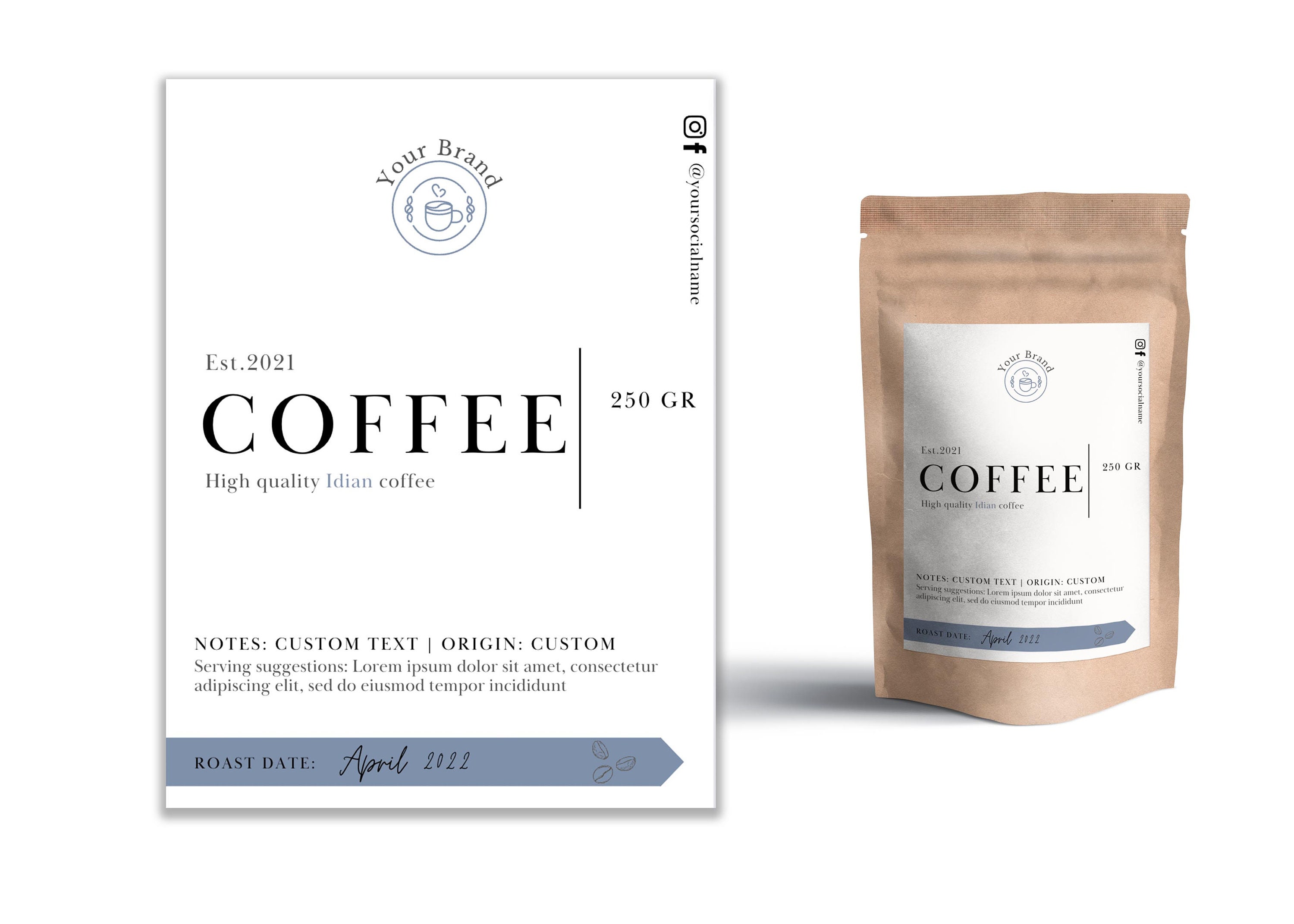 Coffee Bag Label Template for Canva, Custom Natural Coffee Pouch Label ...
