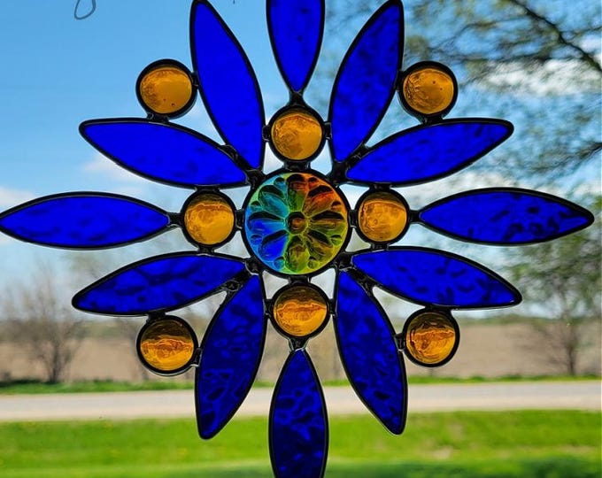 Leaded Stained Glass Suncatcher Cobalt Blue and Gold Stained Glass Art ...