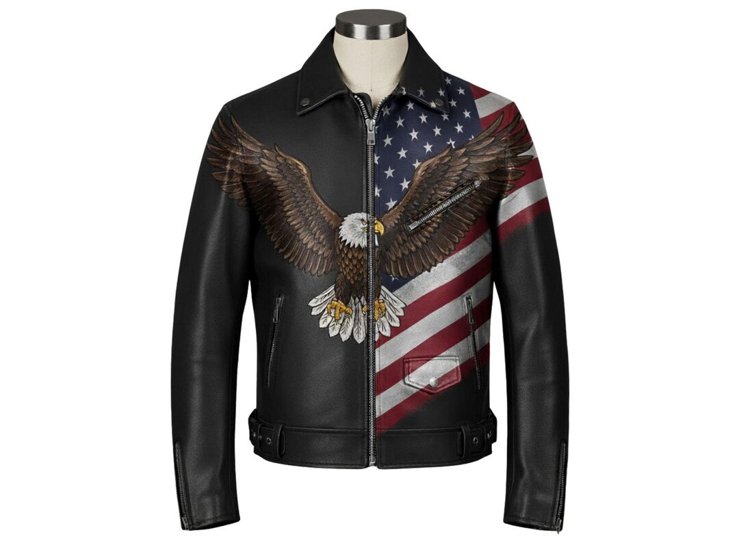 Men’s American Flag Eagle Leather Jacket | Patriotic Bald Eagle Biker ...
