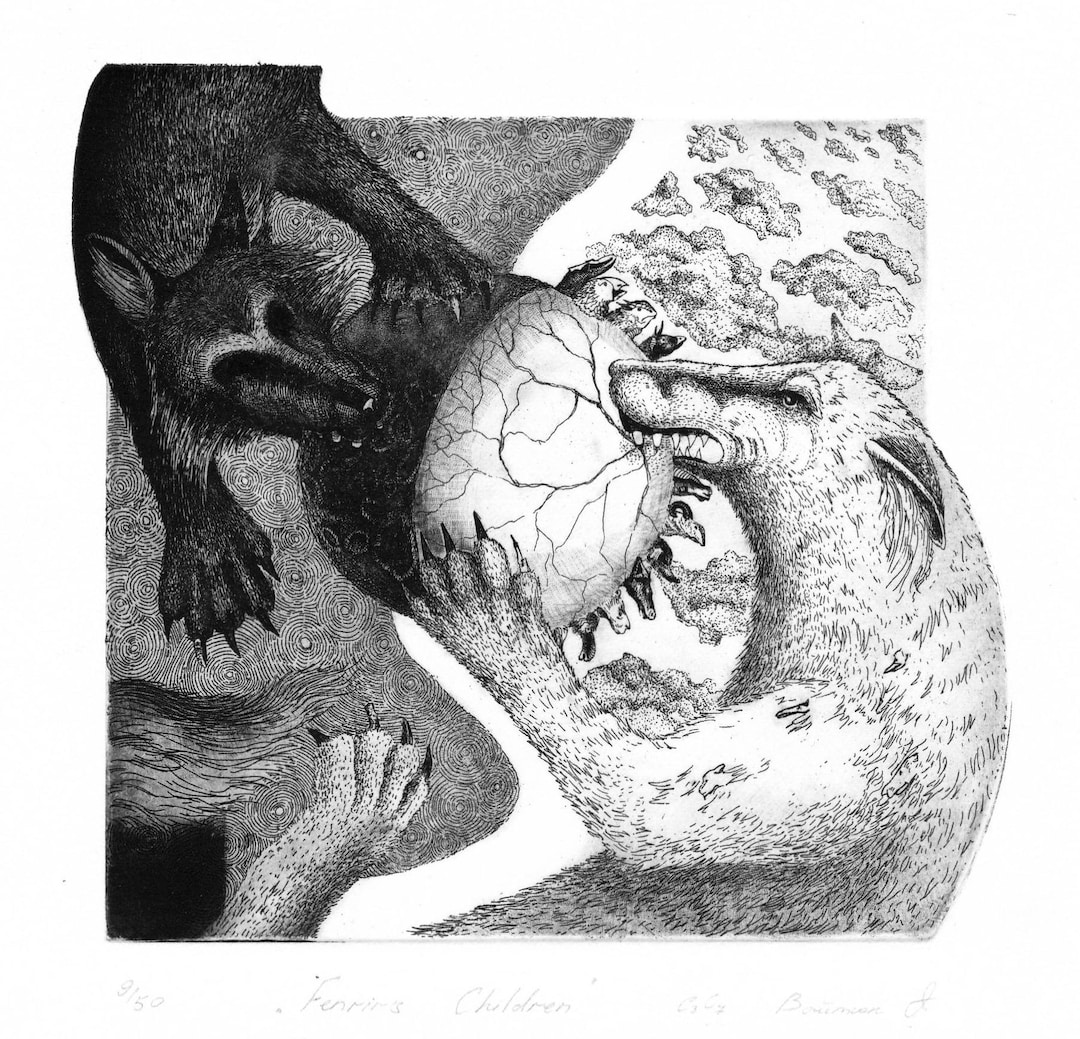 Wolves of the Eclipse — Original Etching Print, Norse Mythology Art ...