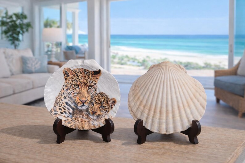 Extra Large Scallop Shell. Handmade Coastal Art, Leopard and Cub. - Etsy