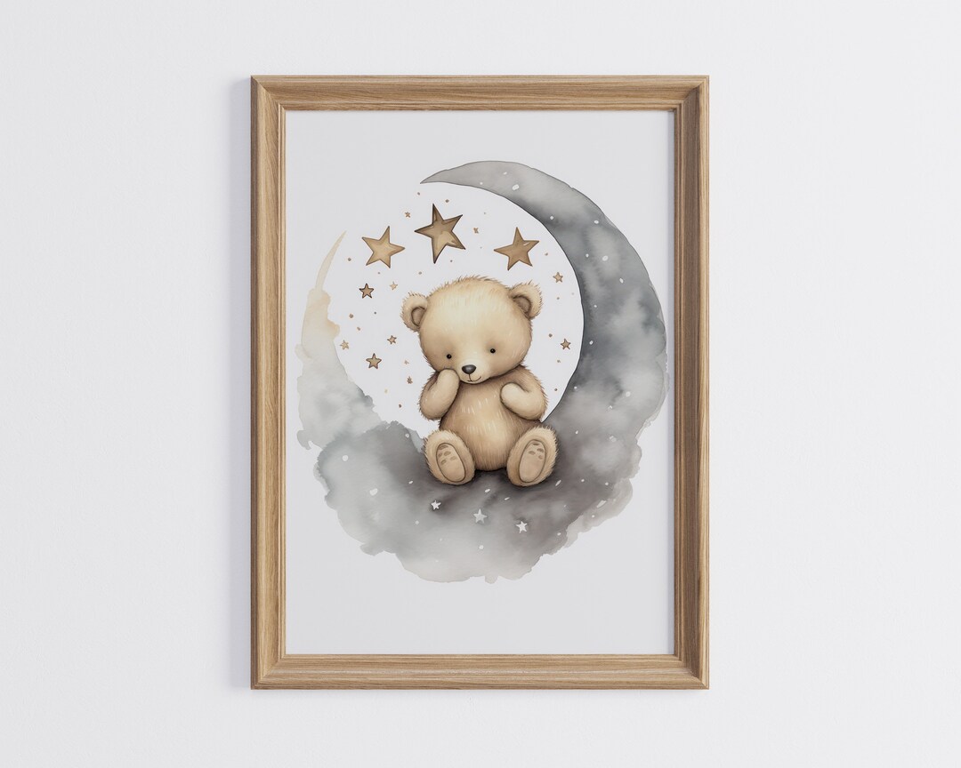 Teddy Bear Sitting on the Moon Nursery Wall Art Print Watercolor ...