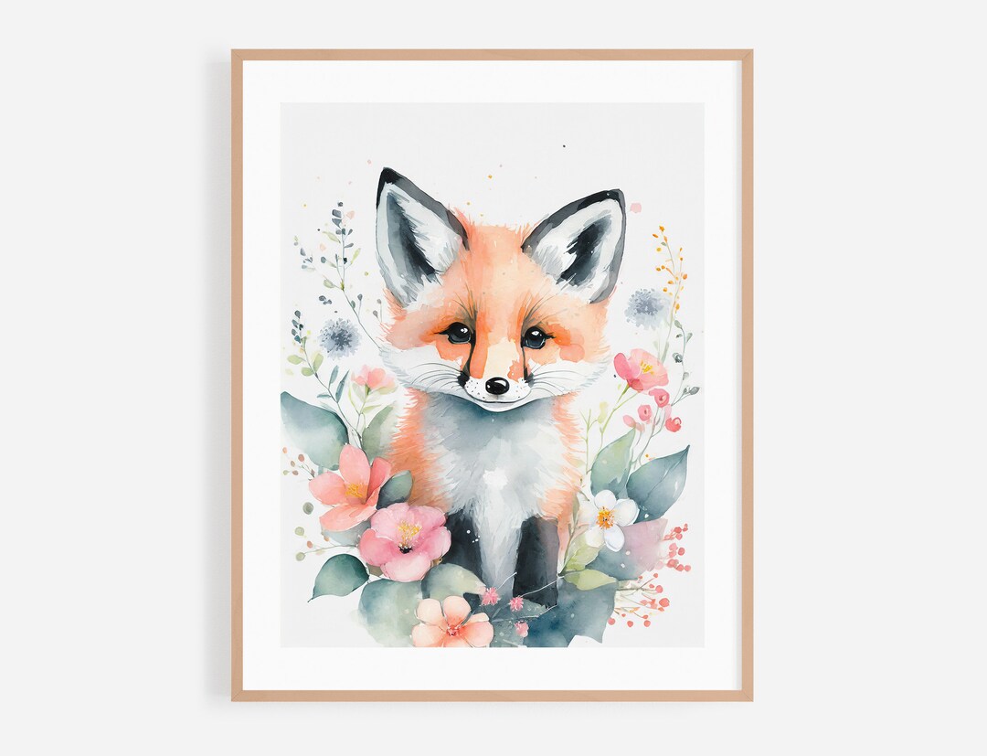 Cute Baby Fox Portrait Nursery Wall Art Watercolor Art Decor Animal ...