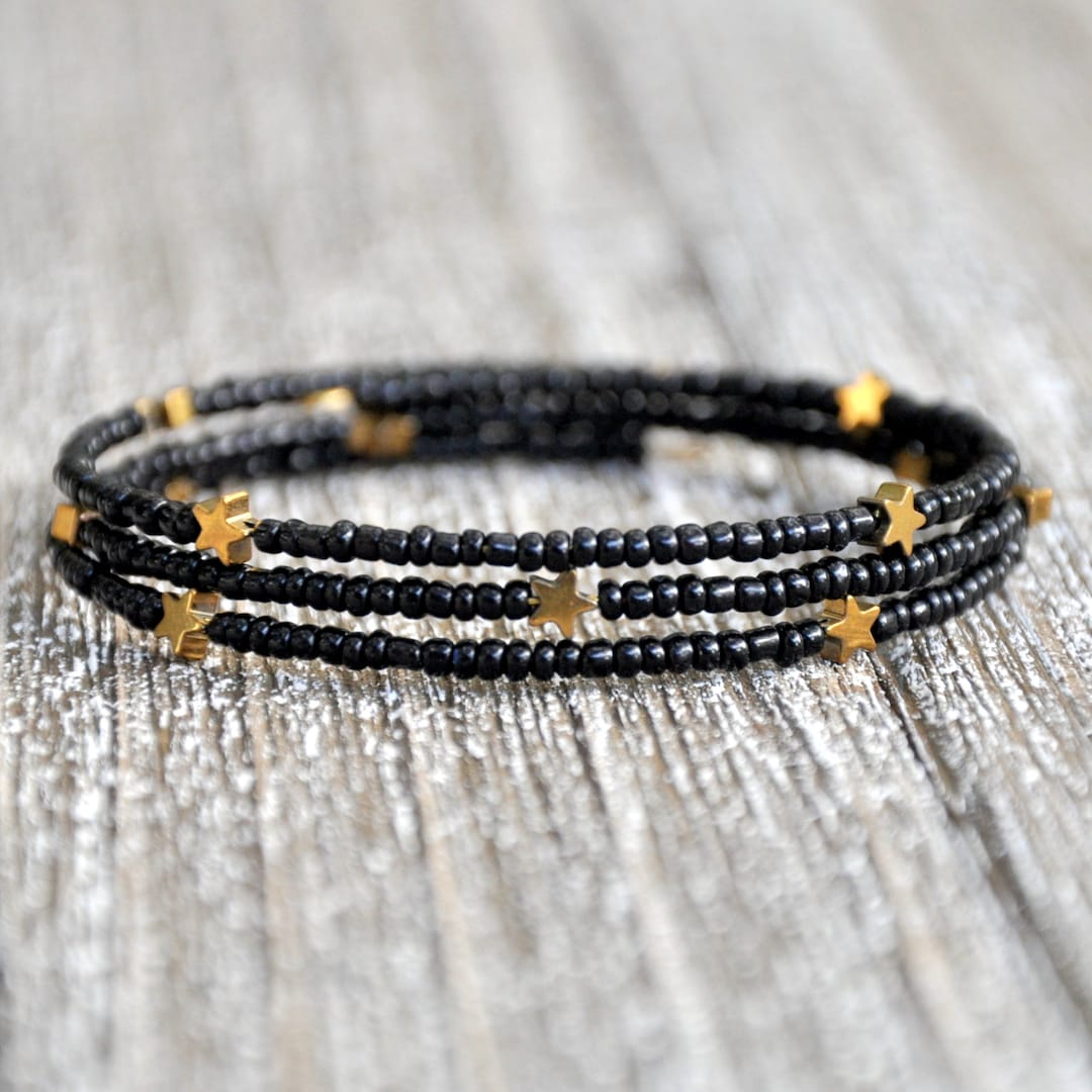 Dainty Black Seed Bead and Gold Star Wrap Bracelet - Etsy