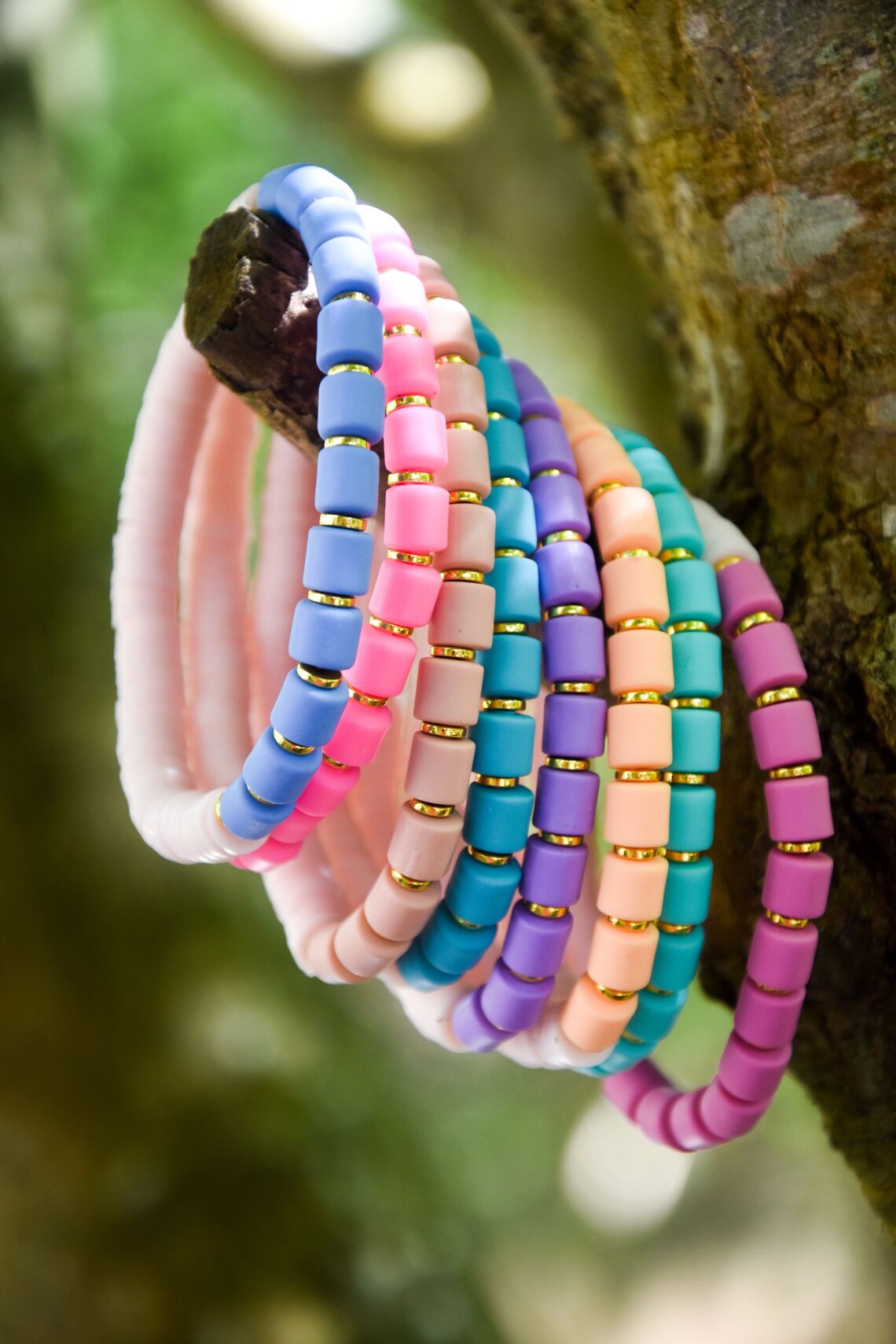 Colorful Clay Barrel and Clay Disc Beaded Stretch Bracelet - Etsy